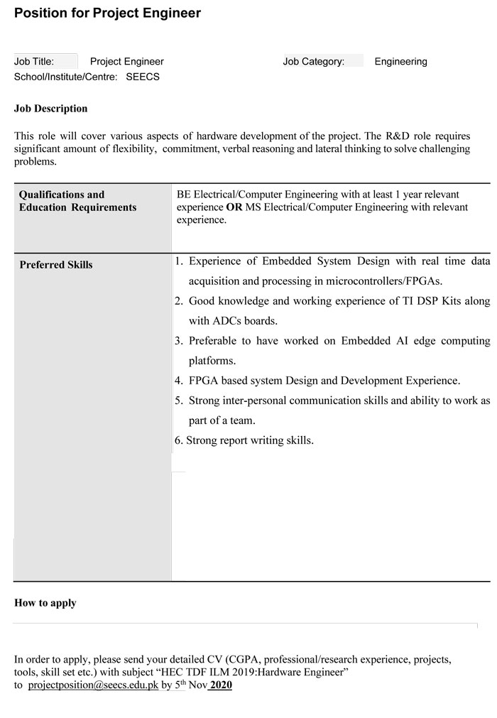 Position for Project Engineer - School of Electrical Engineering and ...